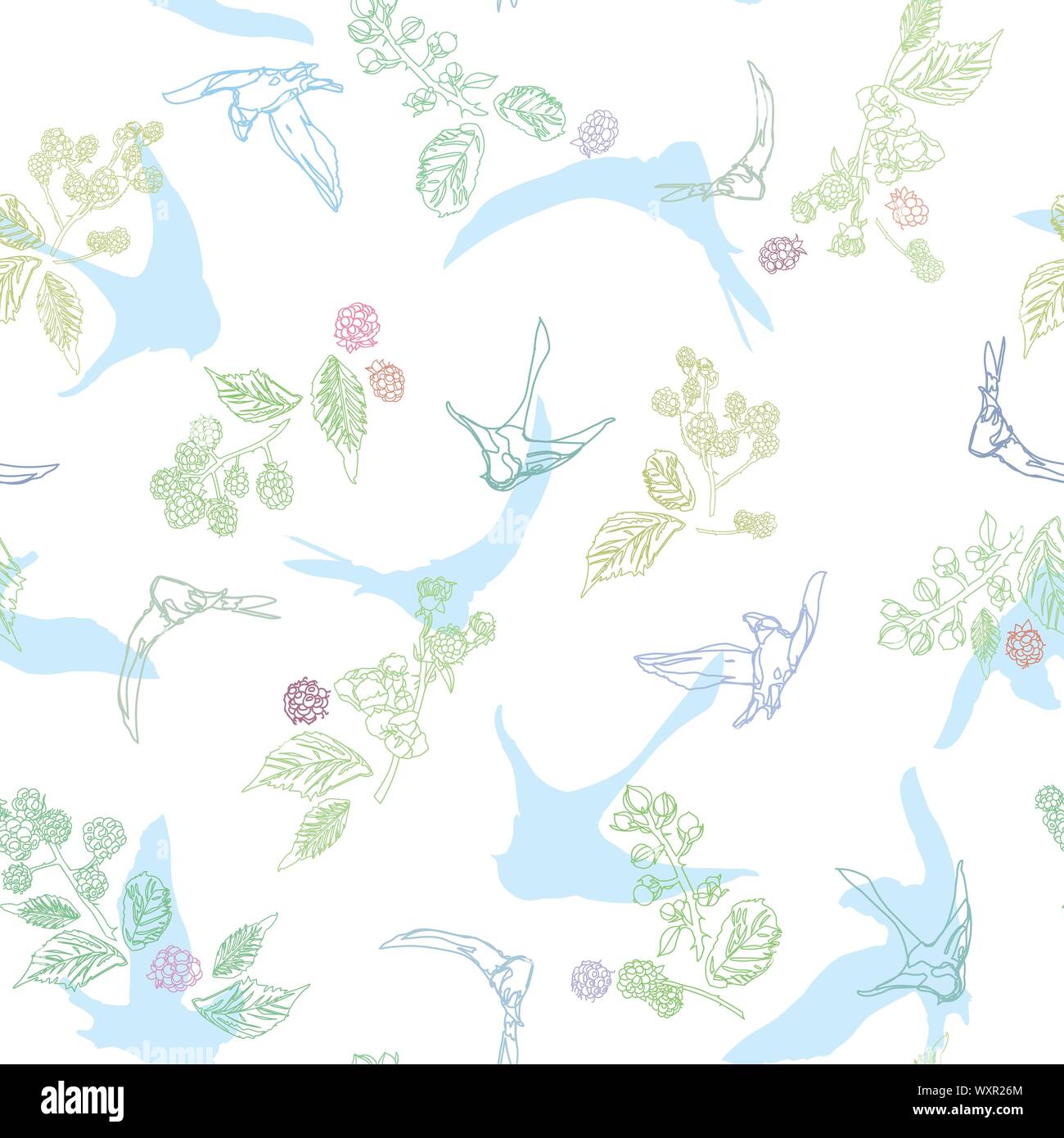 White vector repeat pattern with line art florals, leaf, blossom and ...
