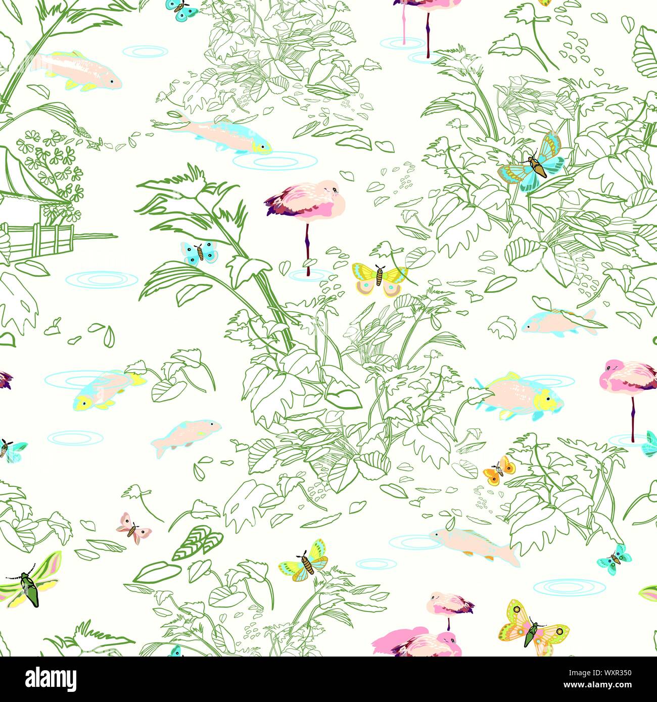 Etching style exotic jungle landscape pattern. Botanical leaf, line art ...