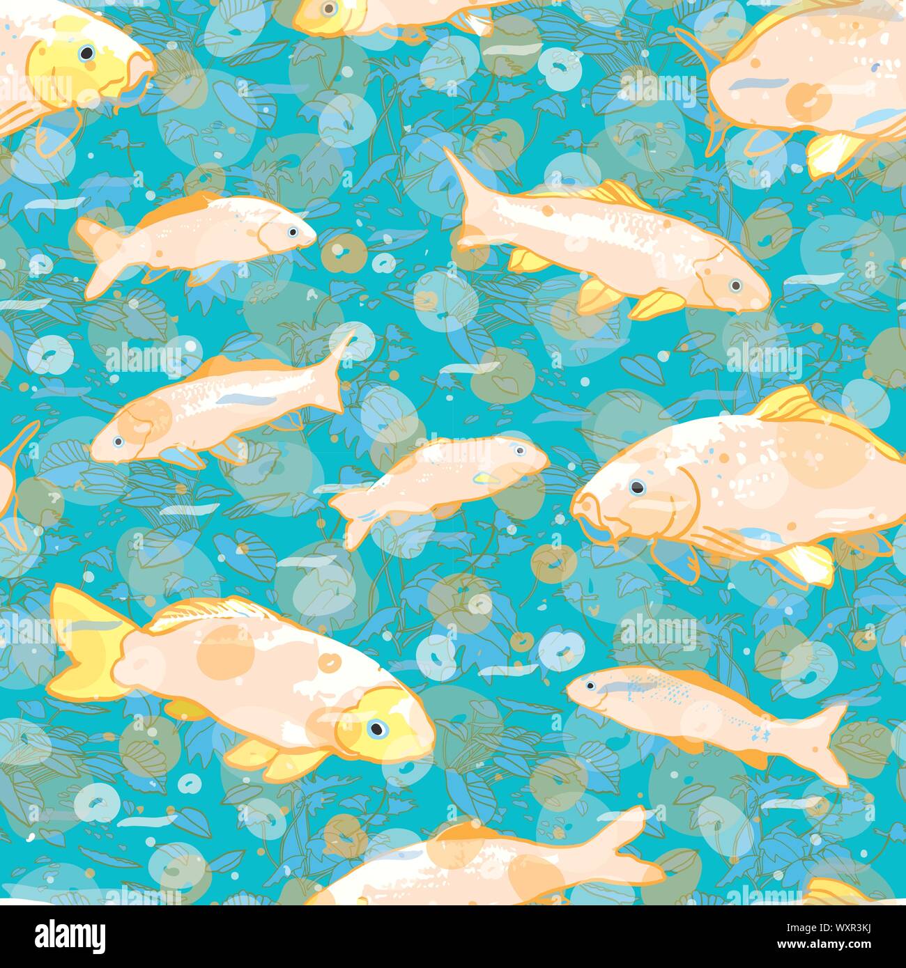 Wavy sealife goldfish koi seamless pattern. With waterplant, wave and ...
