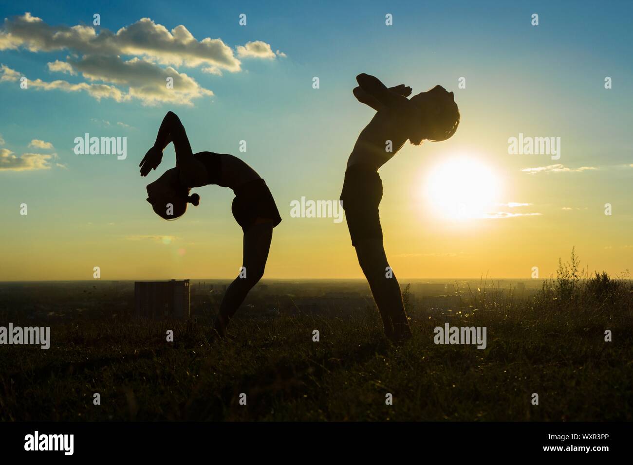 Silhouette of sporty woman and man practicing yoga in the park at ...