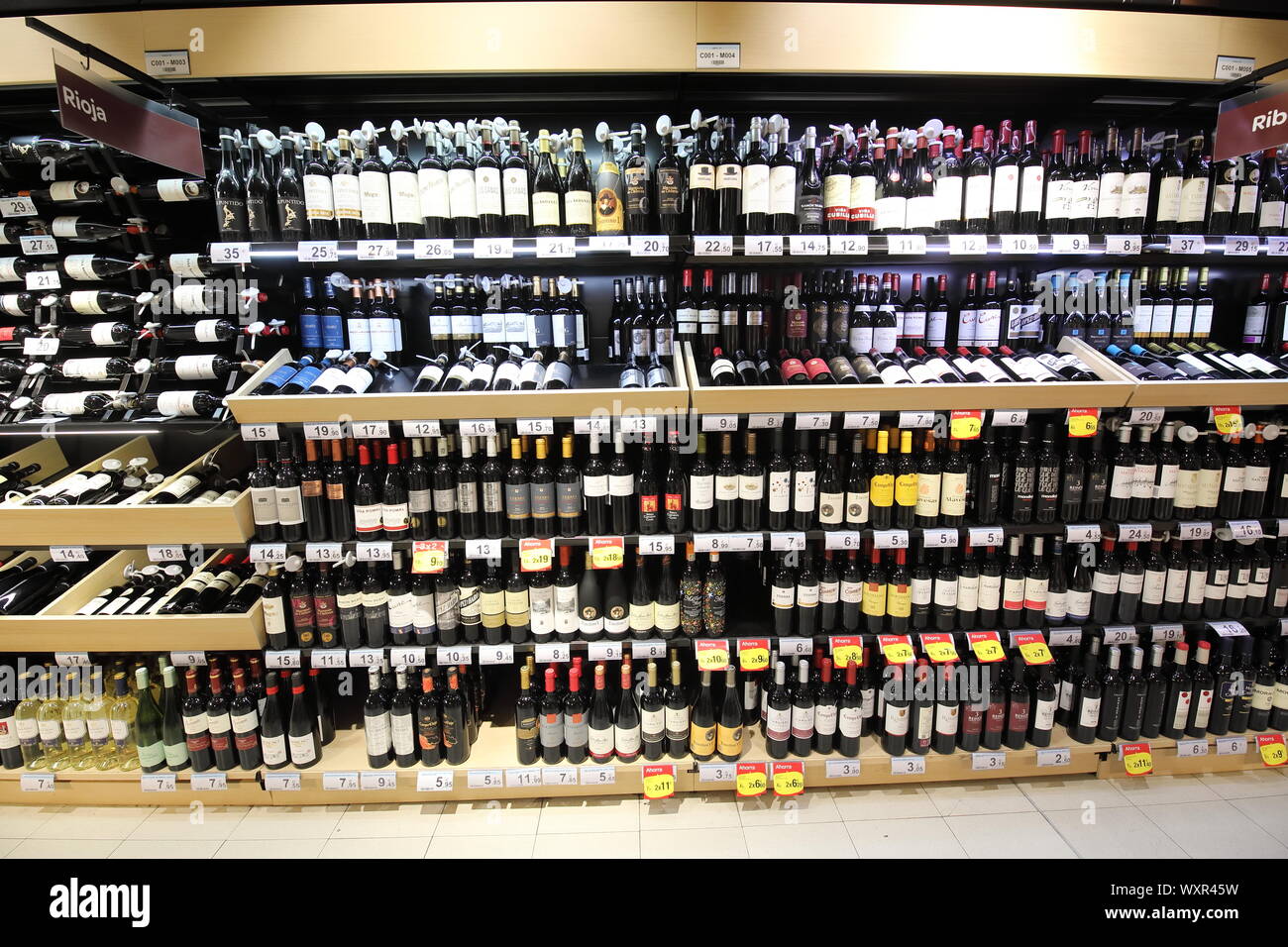 Wine display at supermarket Madrid Spain Stock Photo - Alamy