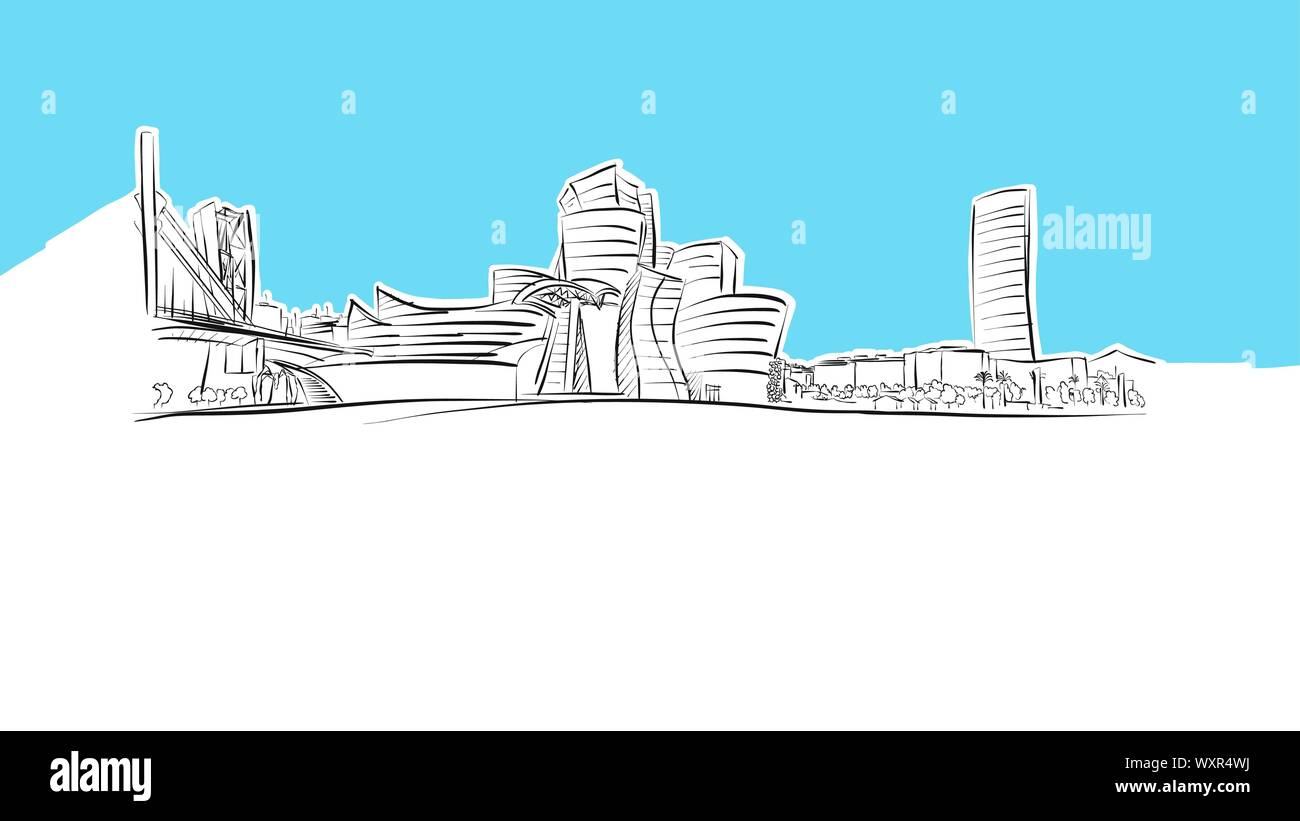 Bilbao Skyline Panorama Vector Sketch. Hand-drawn Illustration on blue ...