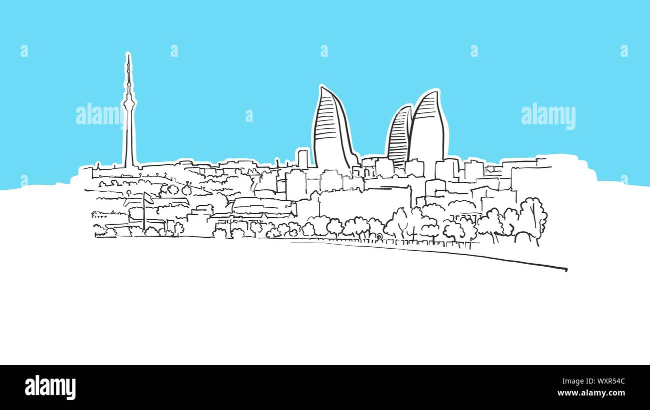 Baku Azerbaijan Skyline Panorama Vector Sketch Hand Drawn Illustration