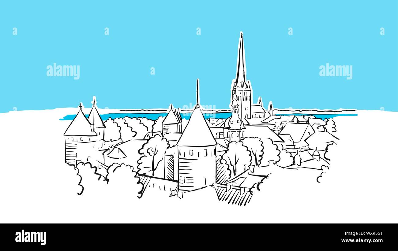 Riga Skyline Panorama Vector Sketch. Hand-drawn Illustration on blue ...