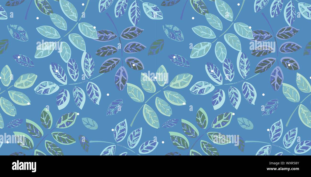 Blue seamless vector repeat pattern with plant leaf and texture ...