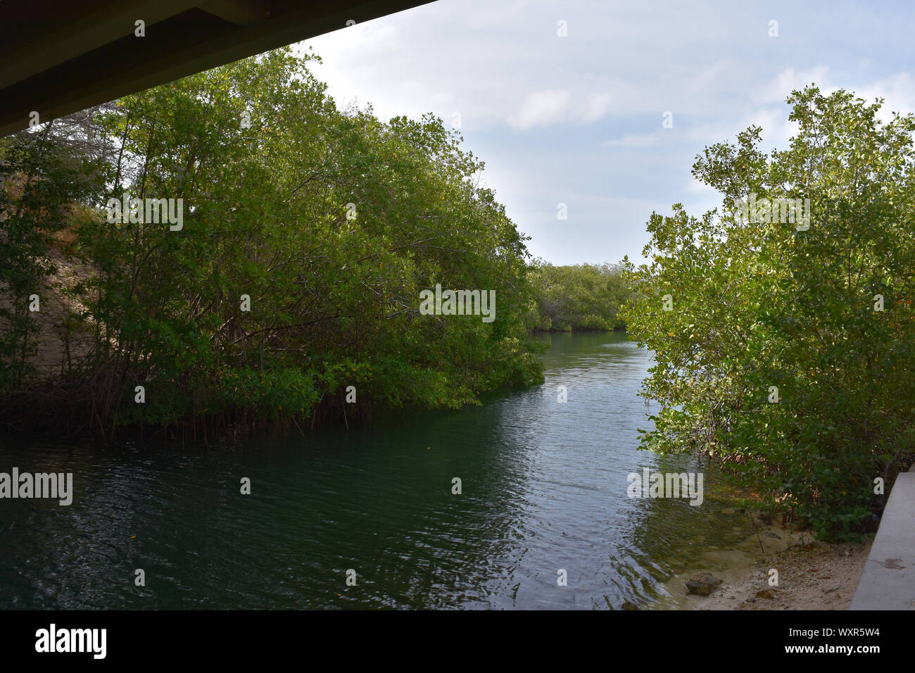 Tidal flows of a river flowing under a bridge in Aruba Stock Photo - Alamy
