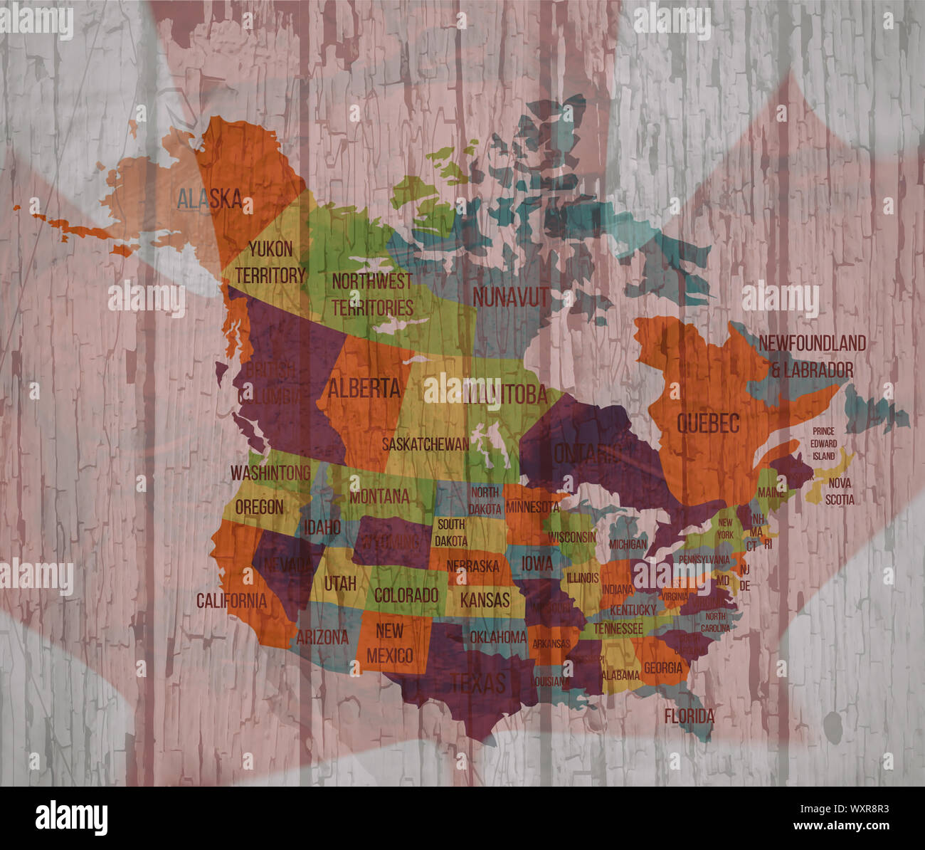 Canadian map, in the background of Canada flag, double exposure ...