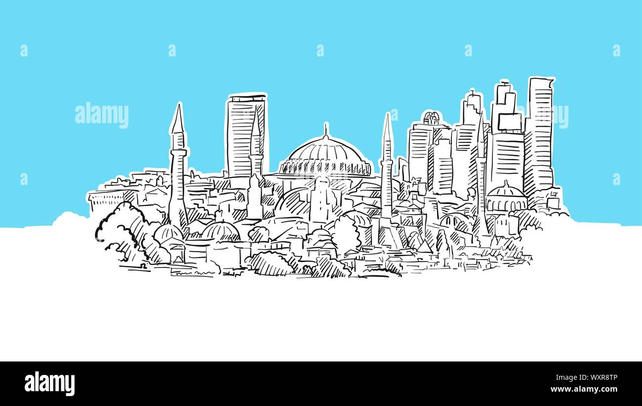 Istanbul Skyline Panorama Vector Sketch. Hand-drawn Illustration on ...