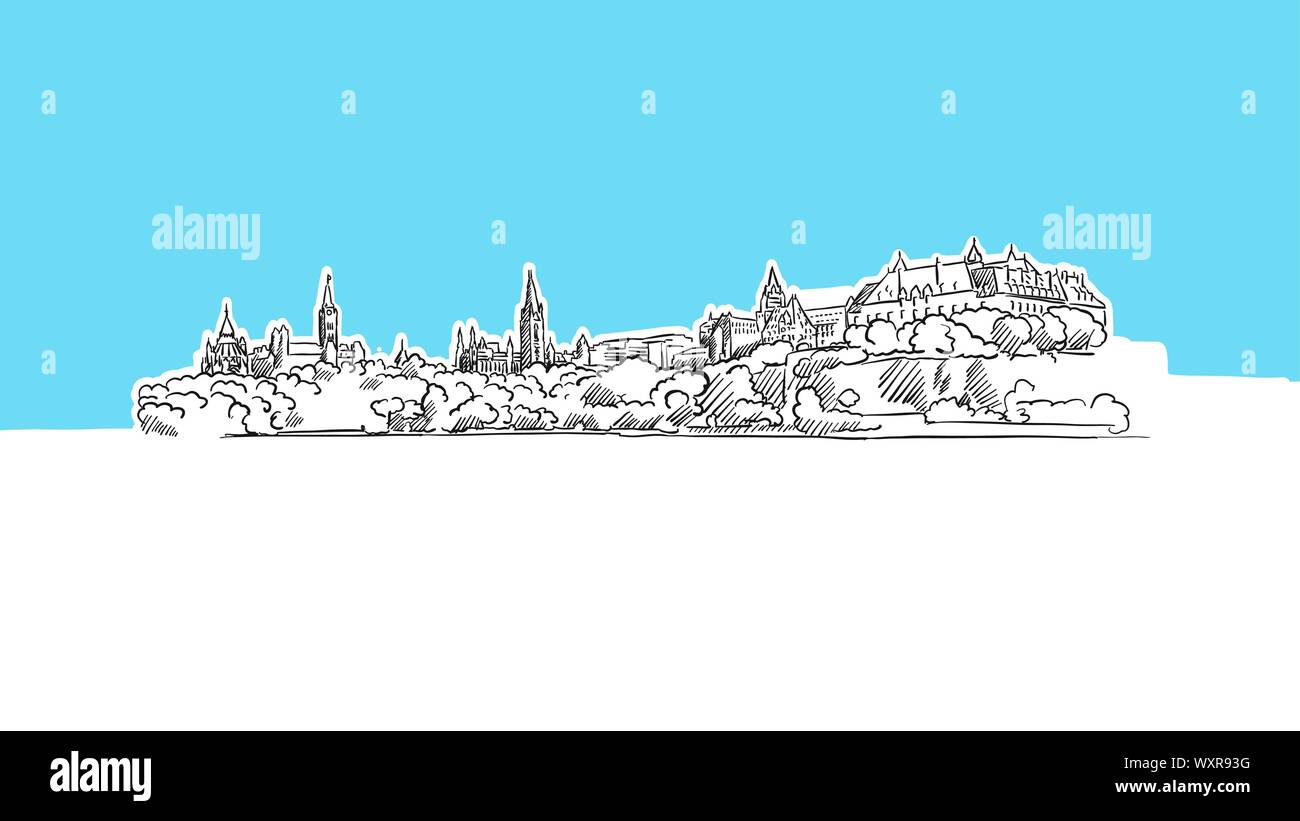 Ottawa Skyline Panorama Vector Sketch. Hand-drawn Illustration on blue ...
