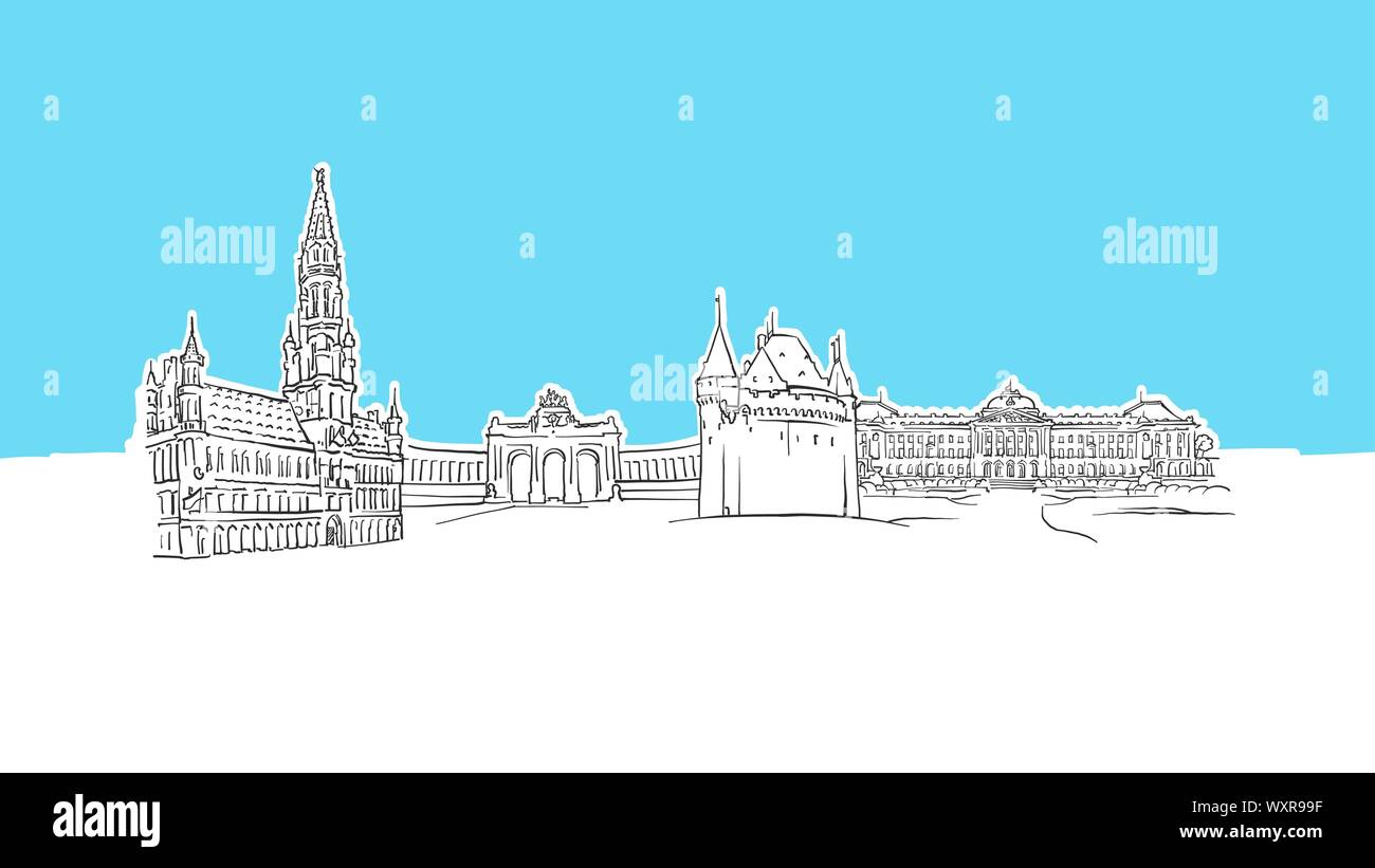 Brussels Belgium Skyline Panorama Vector Sketch. Hand-drawn ...