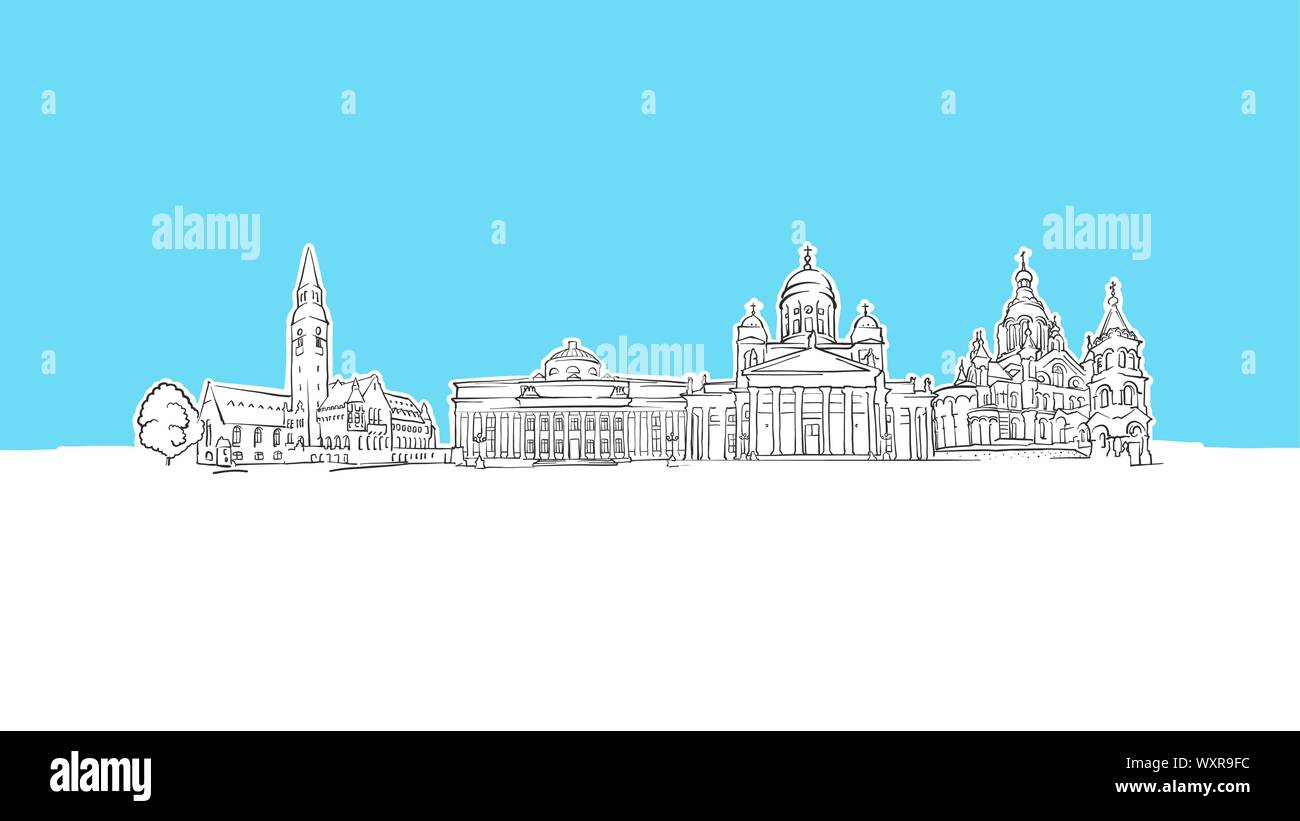 Helsinki Finland Skyline Panorama Vector Sketch. Hand-drawn ...