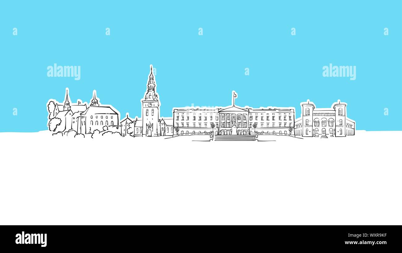Oslo, Norway Skyline Panorama Vector Sketch. Hand-drawn Illustration on ...