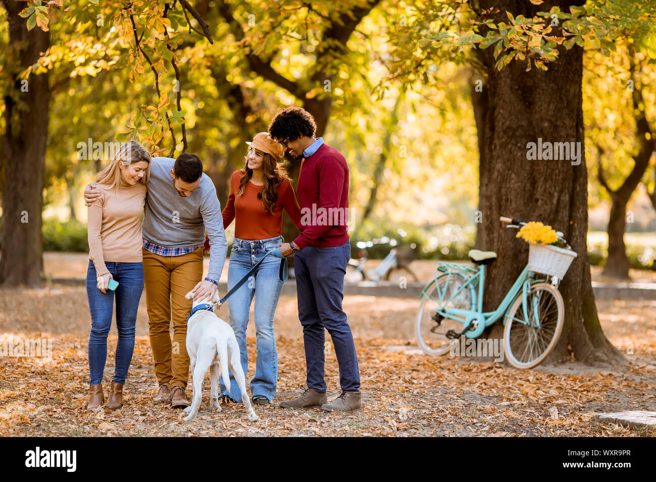Group of multiracial young people walking in the autumn park and having ...