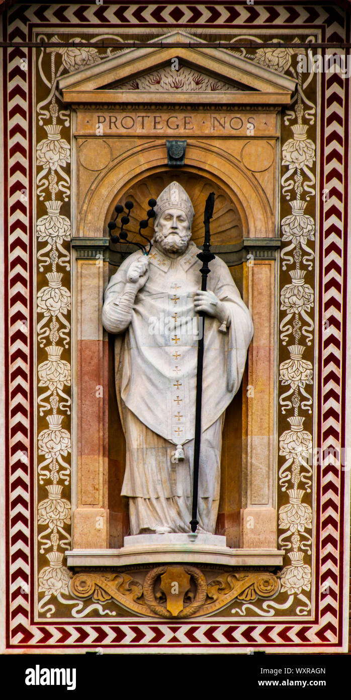 Closeup of the statue of Saint Ambrose at Torre del Filarete of Sforza ...