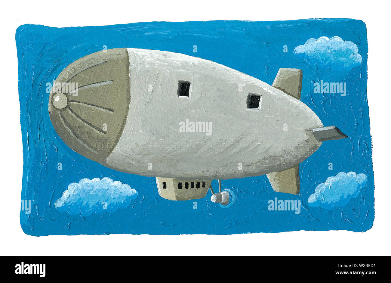 Acrylic illustration of the Zeppelin in the blue sky with clouds Stock ...
