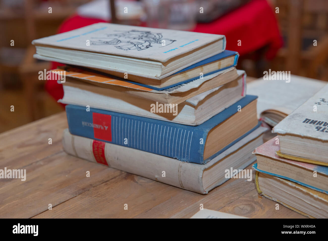 Old books on wooden table, top view. World Book Day poster . Vintage ...