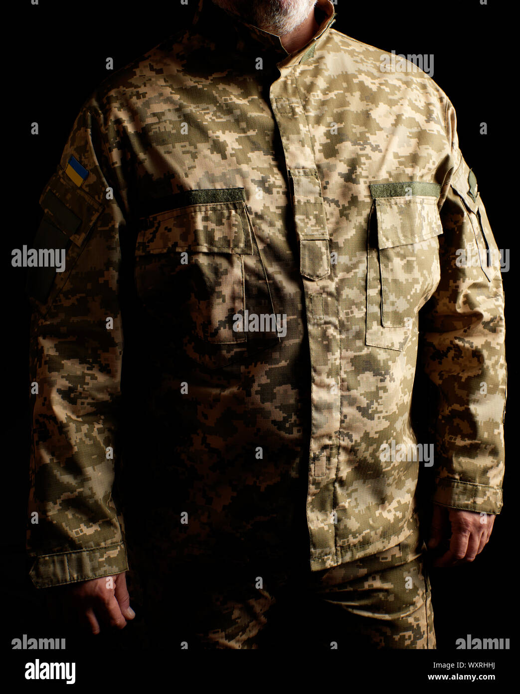 Ukrainian soldier dressed in uniform stands in the dark, low key Stock ...