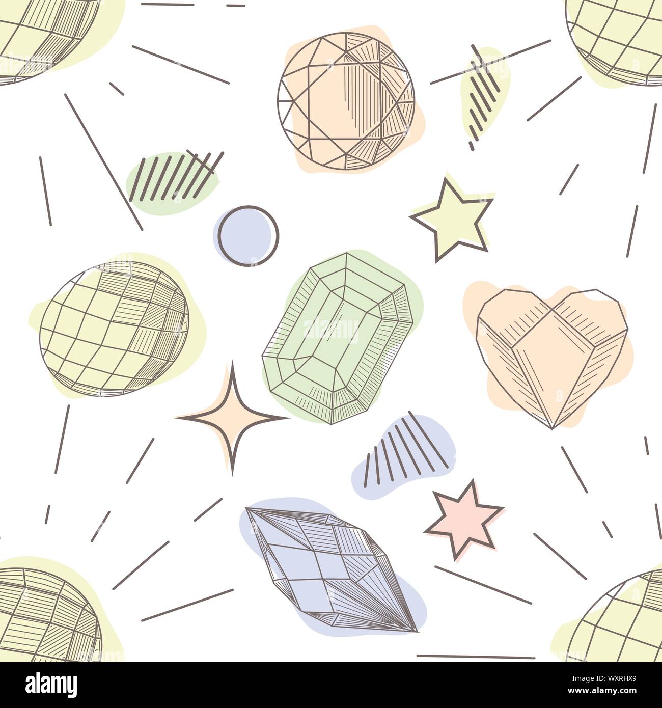 Colorful seamless pattern with hand drawn crystals and gems in pink ...