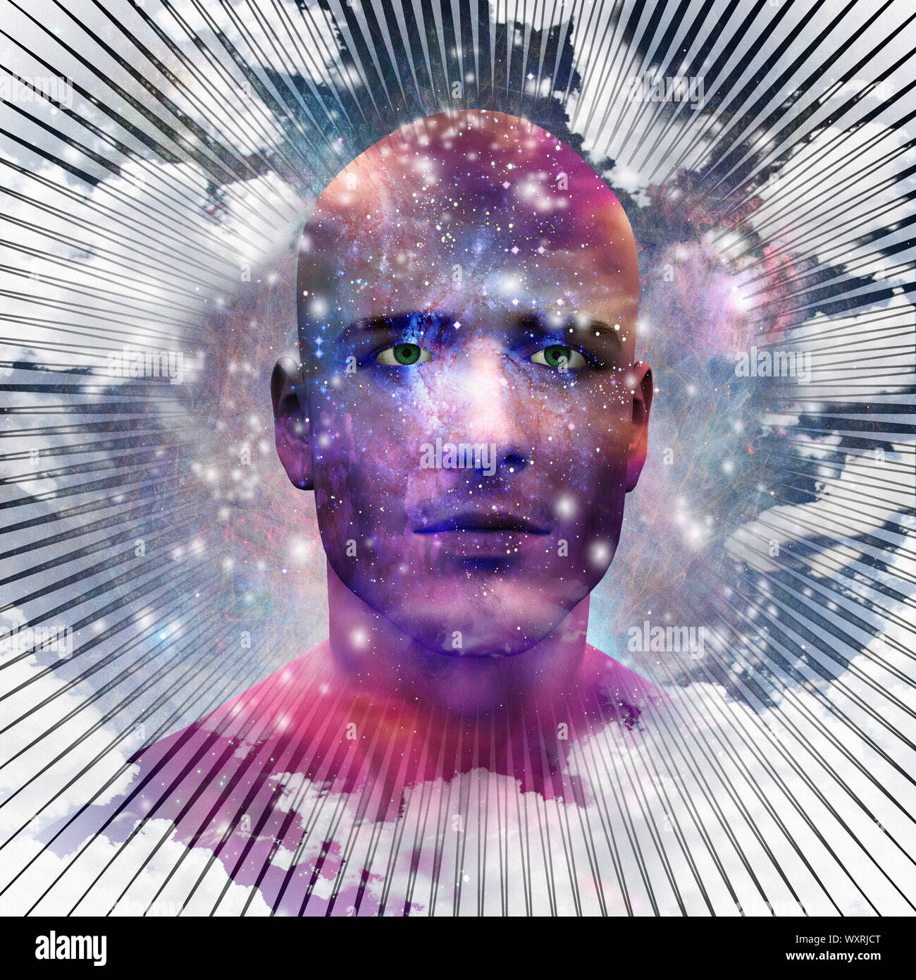 Surreal digital art. Mans head with stars and clouds. Abstract ...