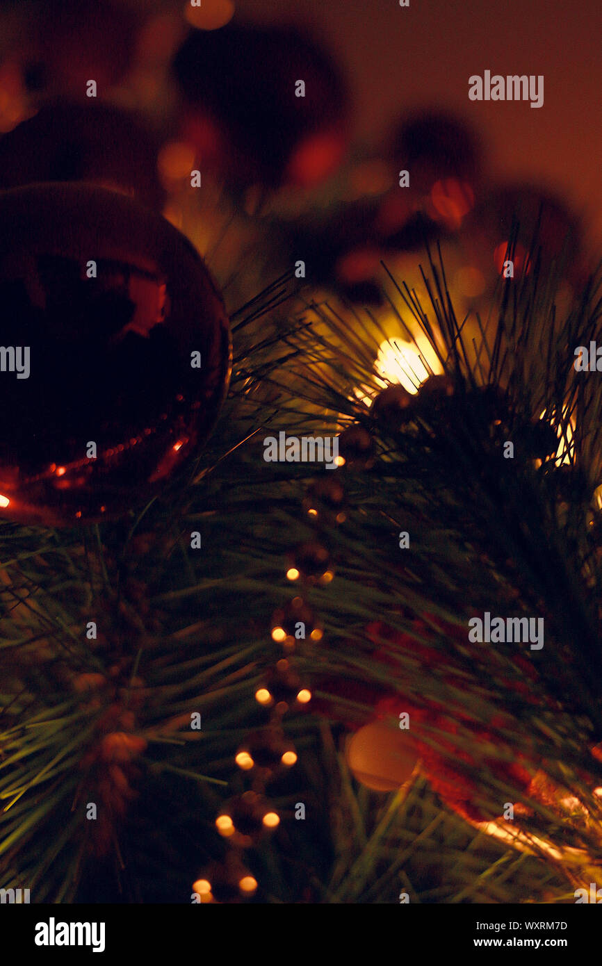 Christmas spheres and lights in dark tones Stock Photo - Alamy