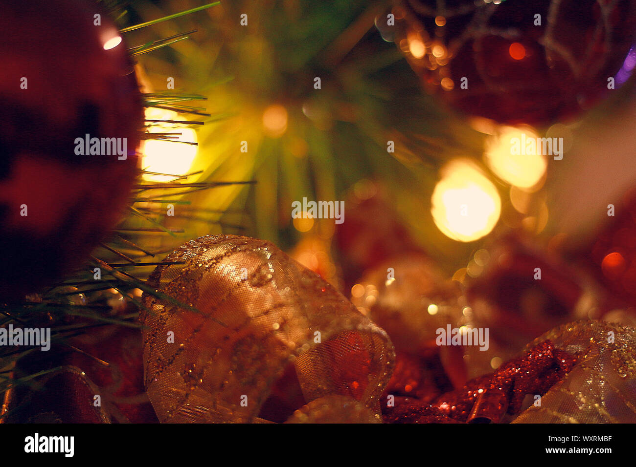 Christmas spheres and lights in dark tones Stock Photo - Alamy