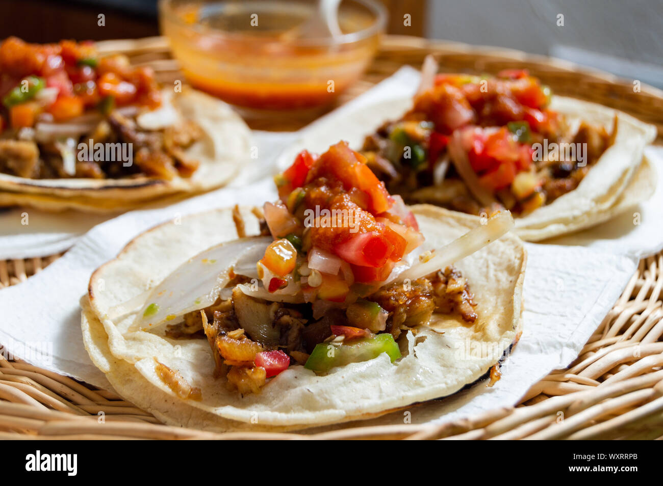 Mexican carnitas tacos, slow cooked pulled pork, traditionally from the ...