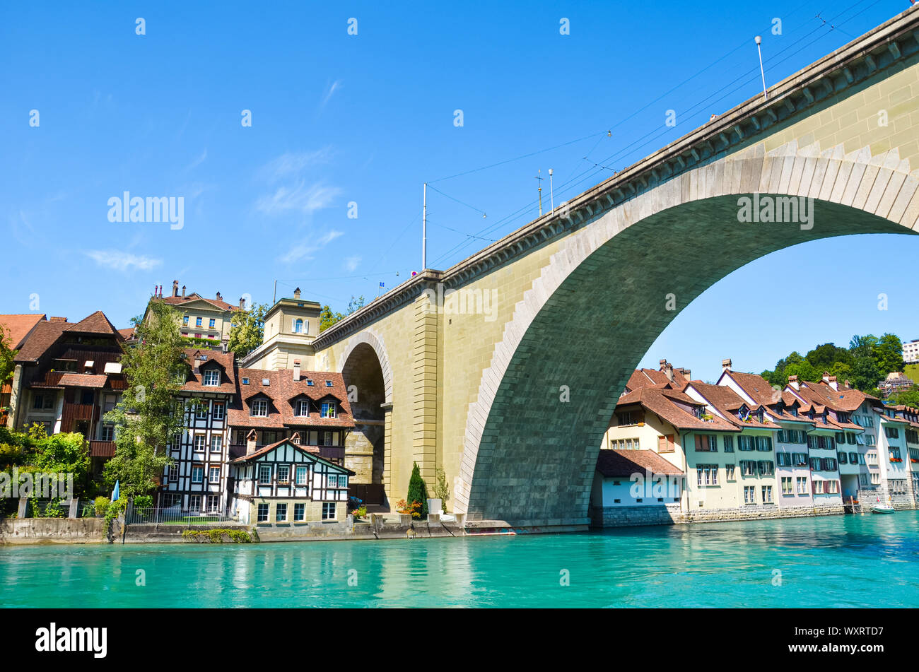 Amazing bridge construction over turquoise Aare River in Bern ...