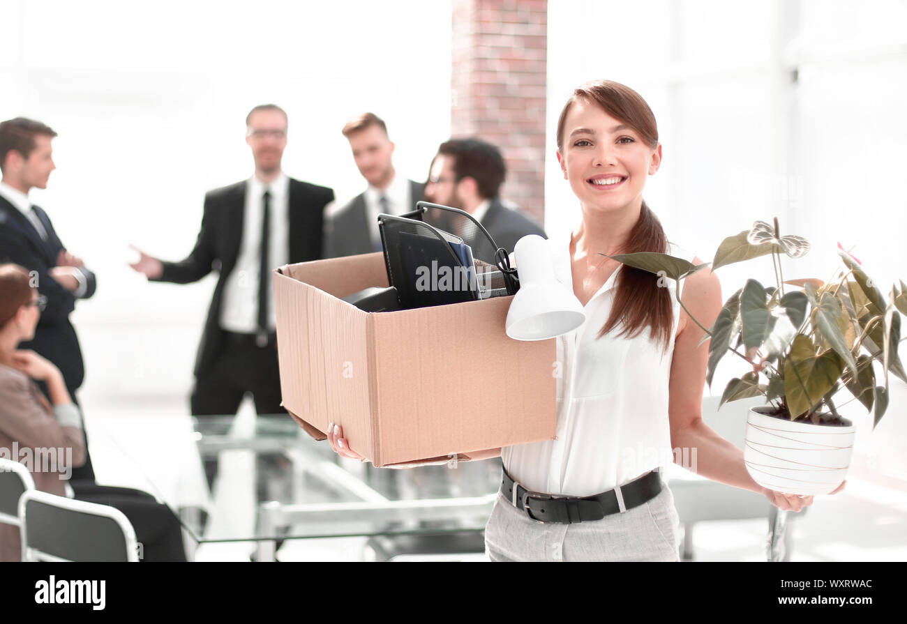 young business woman with personal things on office background Stock ...