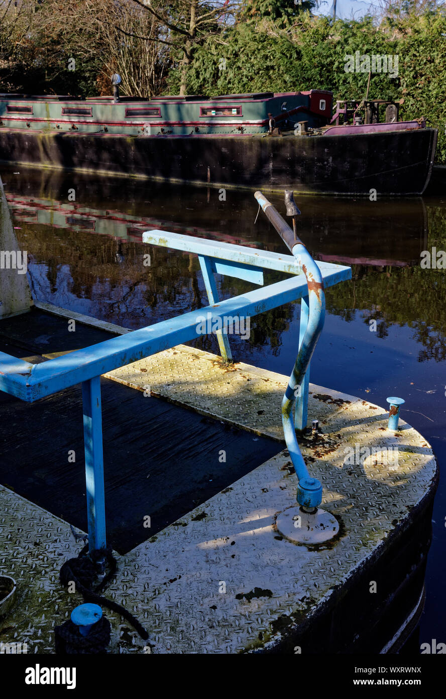 Safety bars on the rear of a canal boat moored on the Grand Union Canal ...