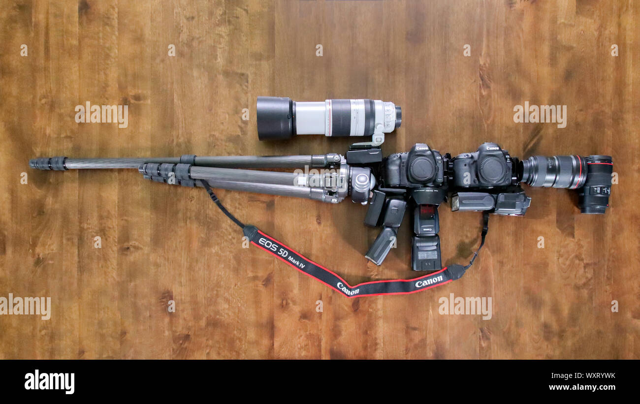 Yakima, WA, USA - August 14, 2019: Canon cameras, lenses, flashes ...