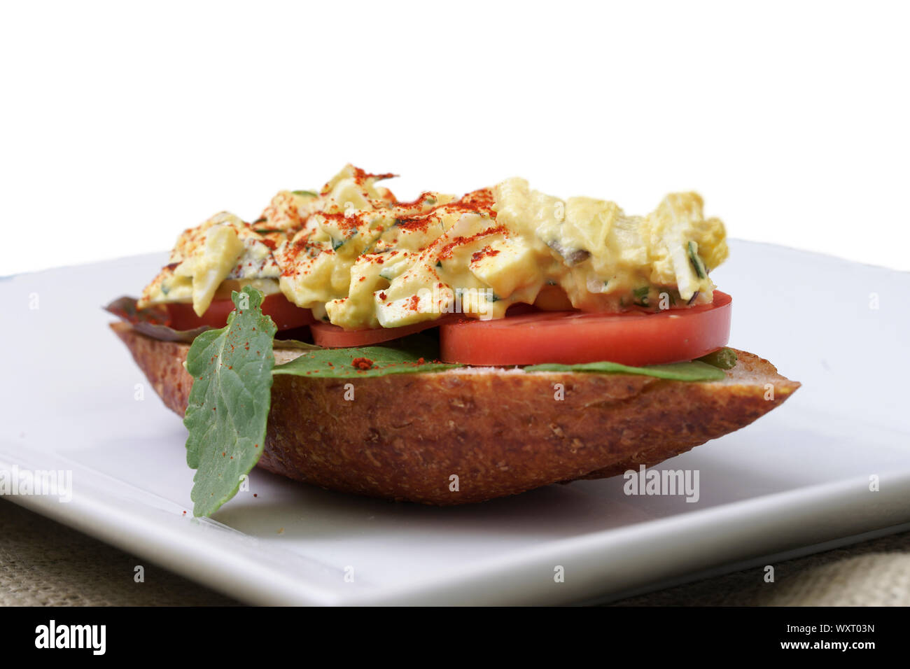 Close-up photograph of delicious open face egg salad sandwiches with ...