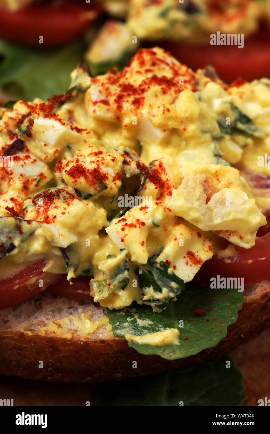 Close-up photograph of delicious open face egg salad sandwiches with ...