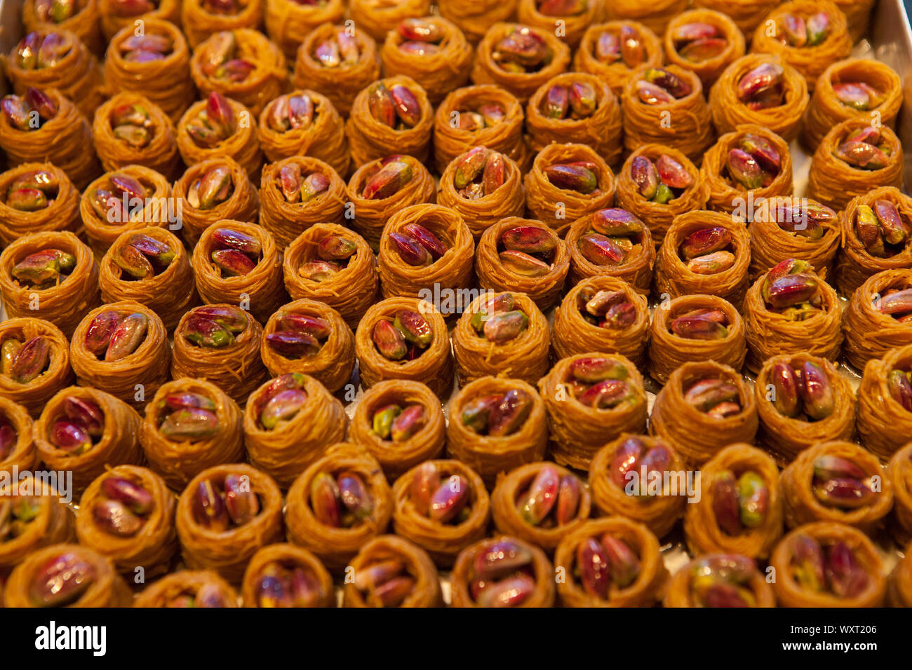 Display of pastries and sweets in a bakery window in Istanbul, Turkey ...