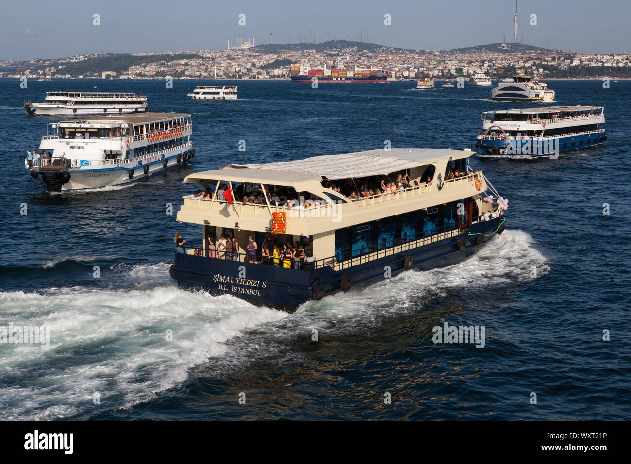 Passenge ferries on the Bosphorus RIver in Istanbul, Turkey Stock Photo ...