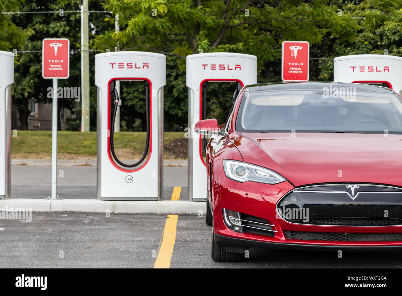 Front of Tesla Model S while parked at Tesla Supercharger Station Stock ...