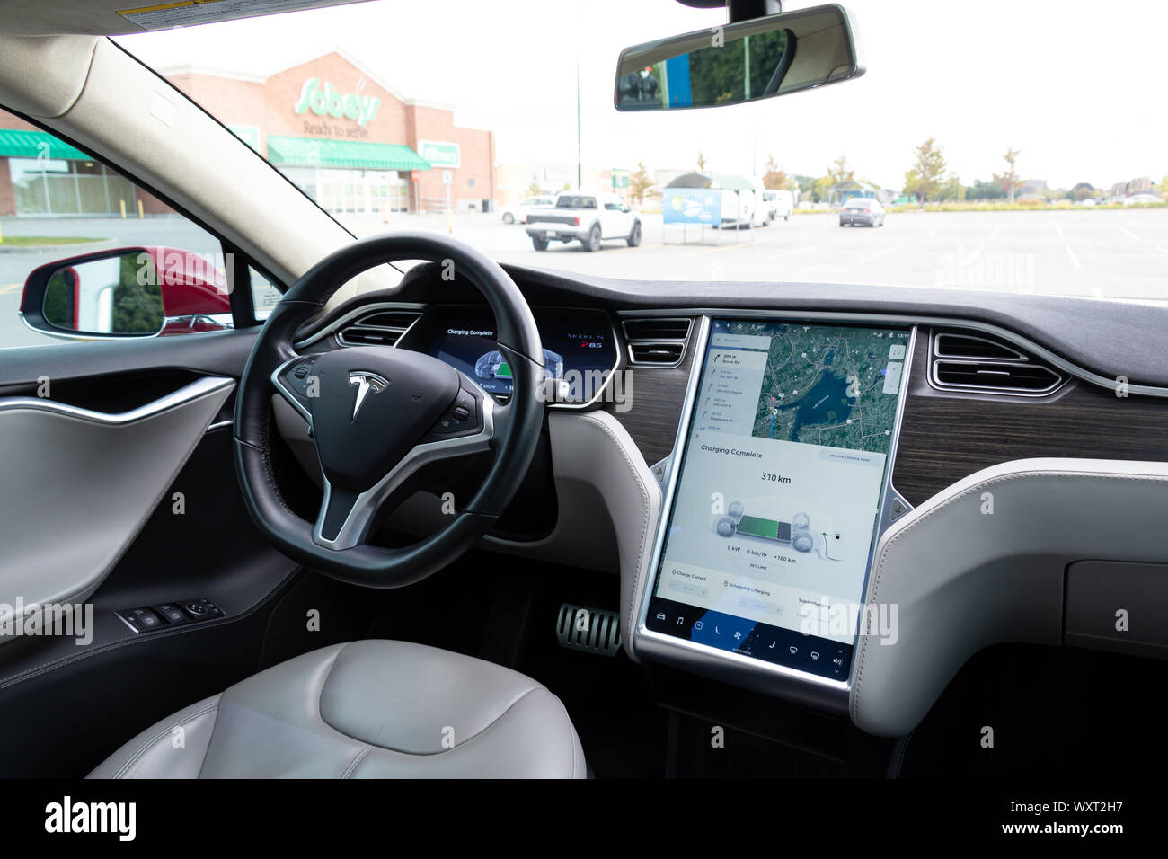 Inside a Tesla Model S while charging at a Tesla Supercharger station ...