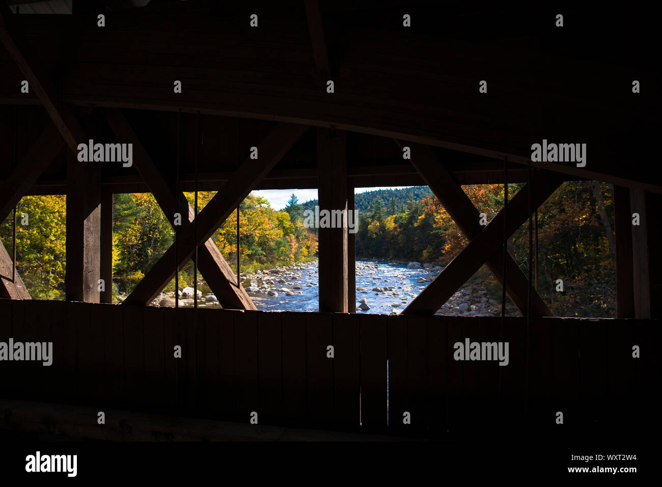 Wooden beams of covered bridge along the Kancamagus Highway in The ...