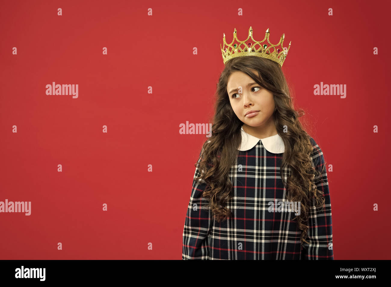 Princess manners. Girl wear crown red background. Monarch family ...