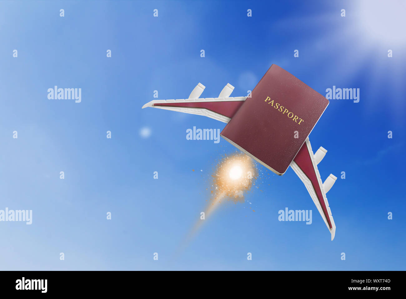 Travel concept, fly passport on blue sky background Stock Photo - Alamy