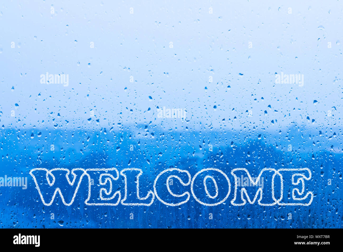 Welcome banner with text concept, rain and window, copy space Stock ...