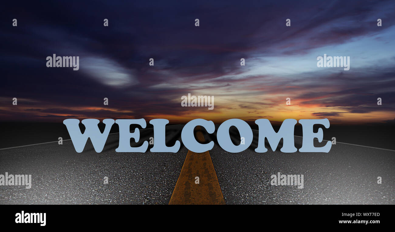 Welcome banner with text concept on night road Stock Photo - Alamy