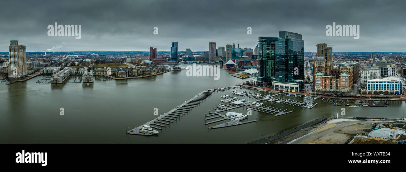 Aerial view of Baltimore skyline with skyscrapers, inner harbor, Fells ...