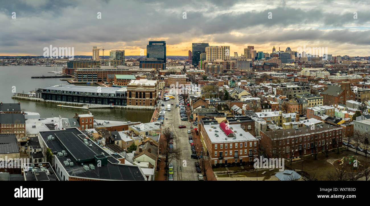 Aerial view of Baltimore skyline with skyscrapers, inner harbor, Fells ...
