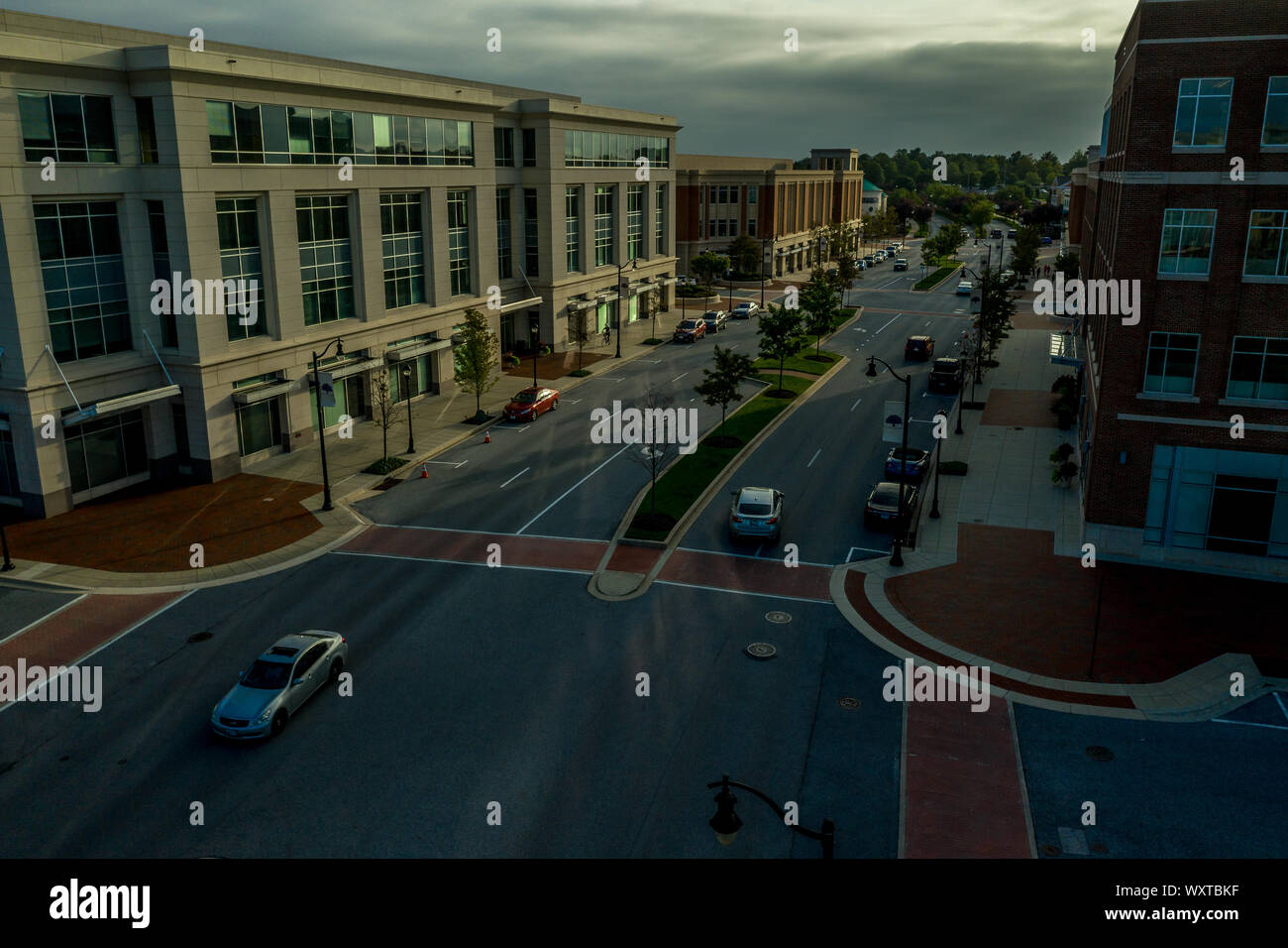 Aerial vie of American suburban office building with brick and glass ...