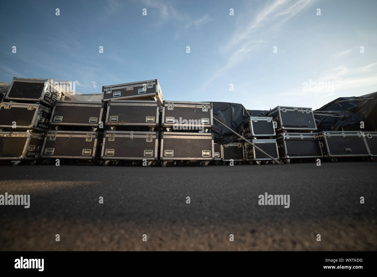preparation for the concert. Equipment boxes Stock Photo - Alamy