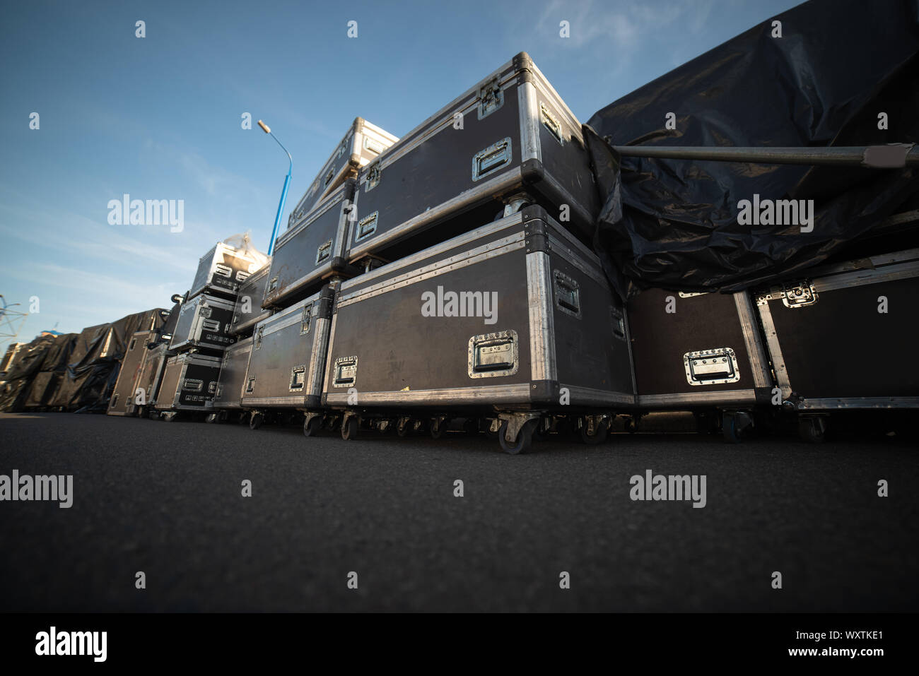 preparation for the concert. Equipment boxes Stock Photo - Alamy