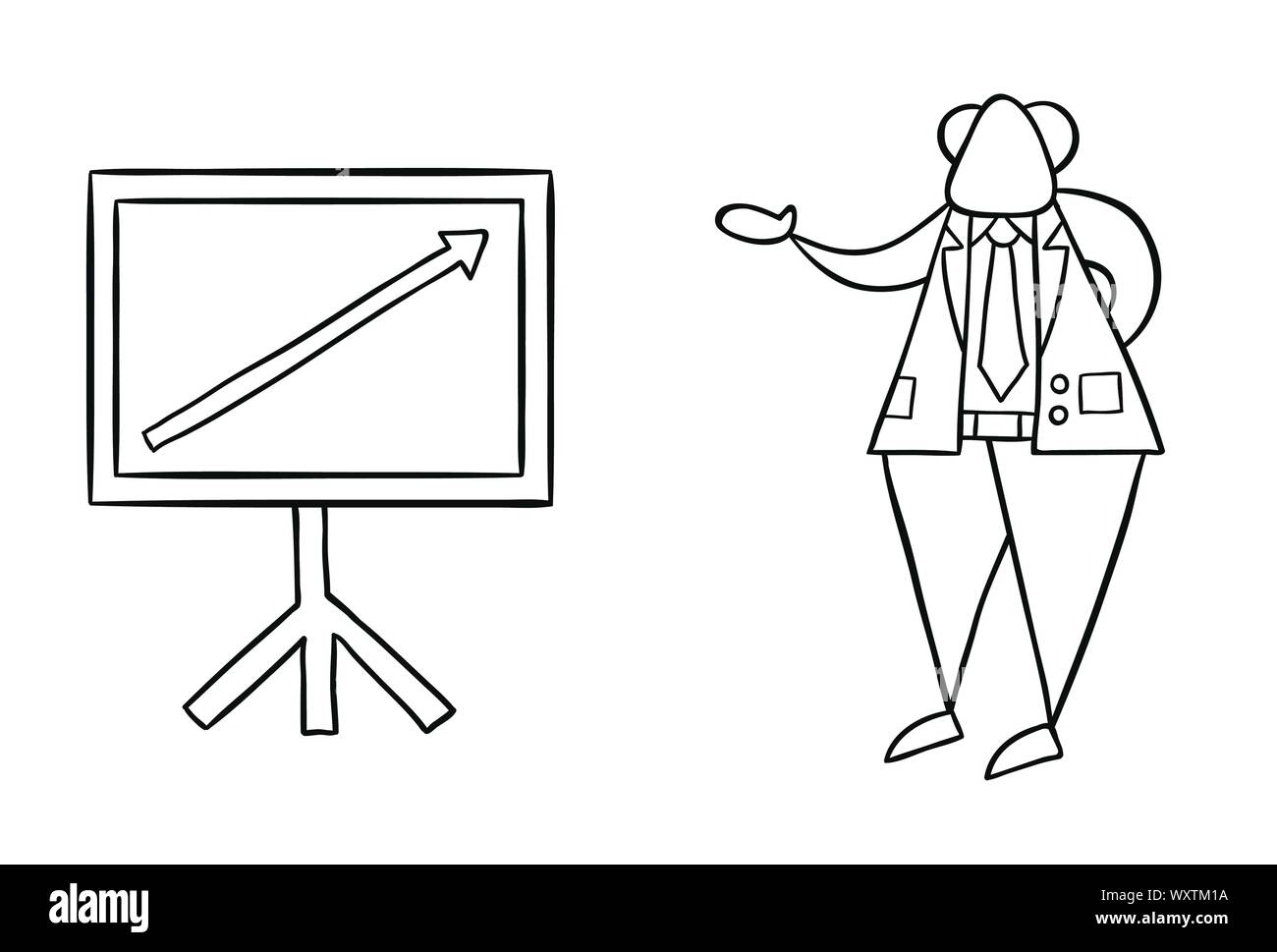 Hand-drawn vector illustration of boss with sales chart arrow up. Black ...