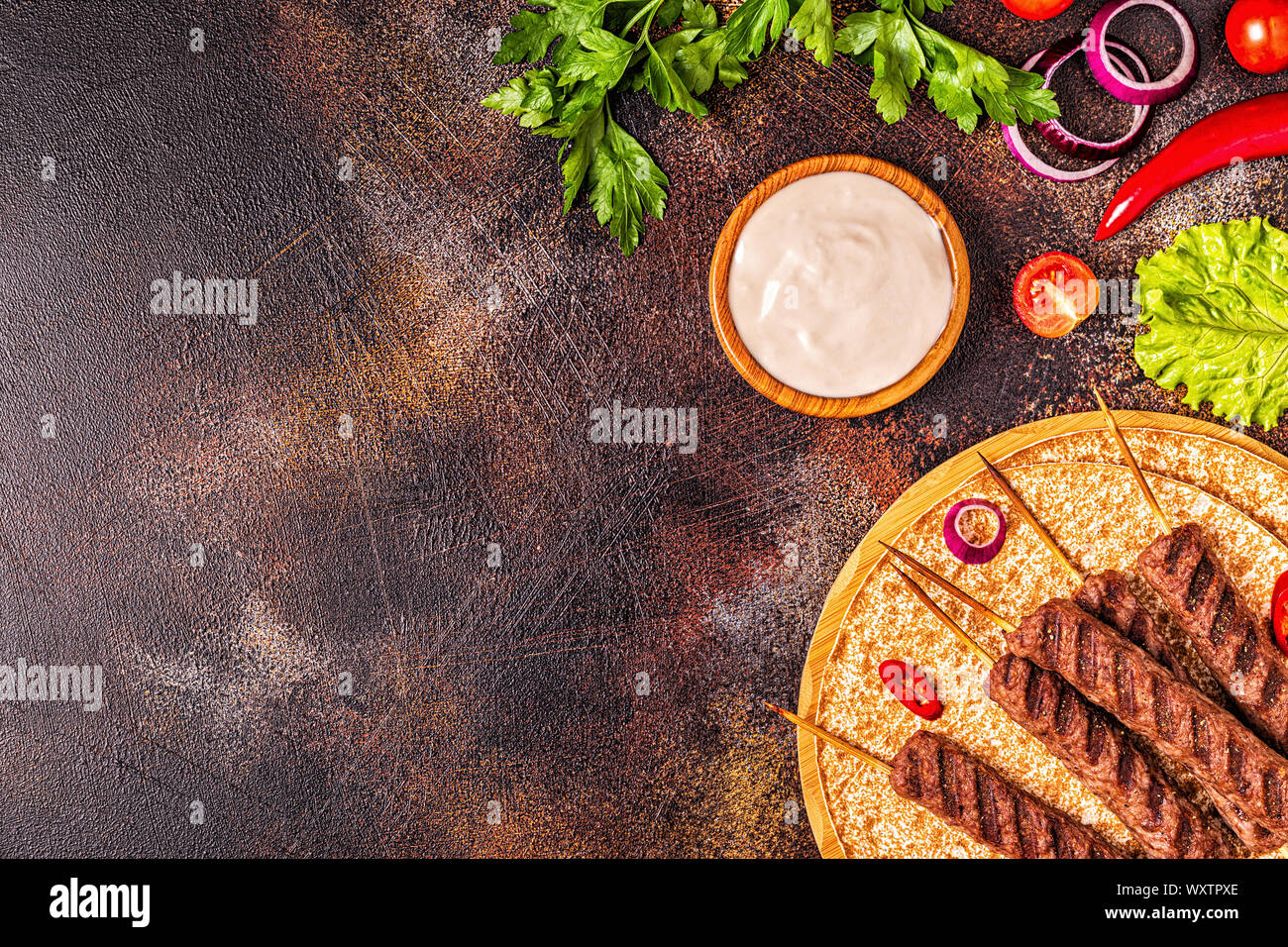 Traditional middle eastern, arabic or mediterranean meat kebab with ...