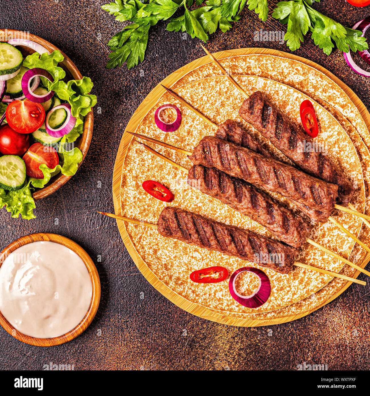 Traditional middle eastern, arabic or mediterranean meat kebab with ...