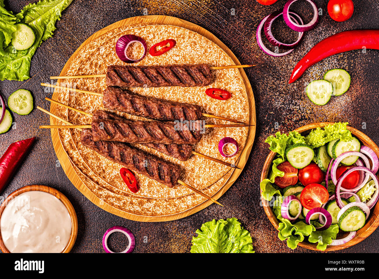 Traditional middle eastern, arabic or mediterranean meat kebab with ...